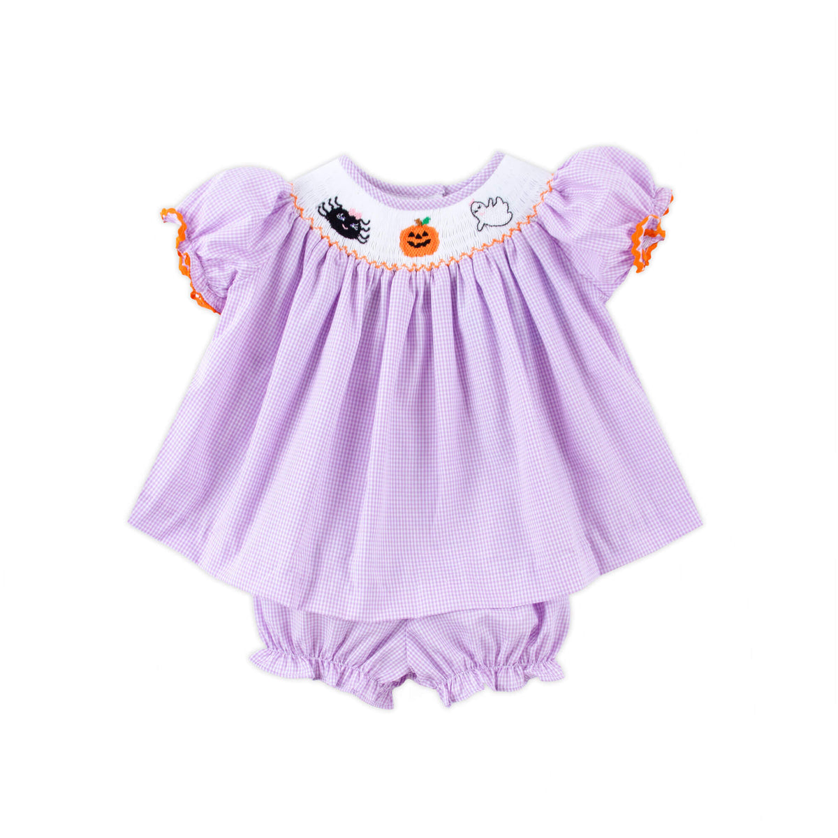 Halloween Smocked Lavender Gingham Bloomer Set – Classic Whimsy