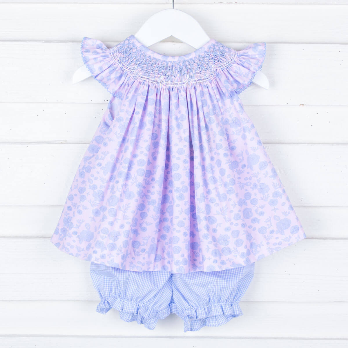 Geometric Smocked Blue Floral Bloomer Set – Classic Whimsy