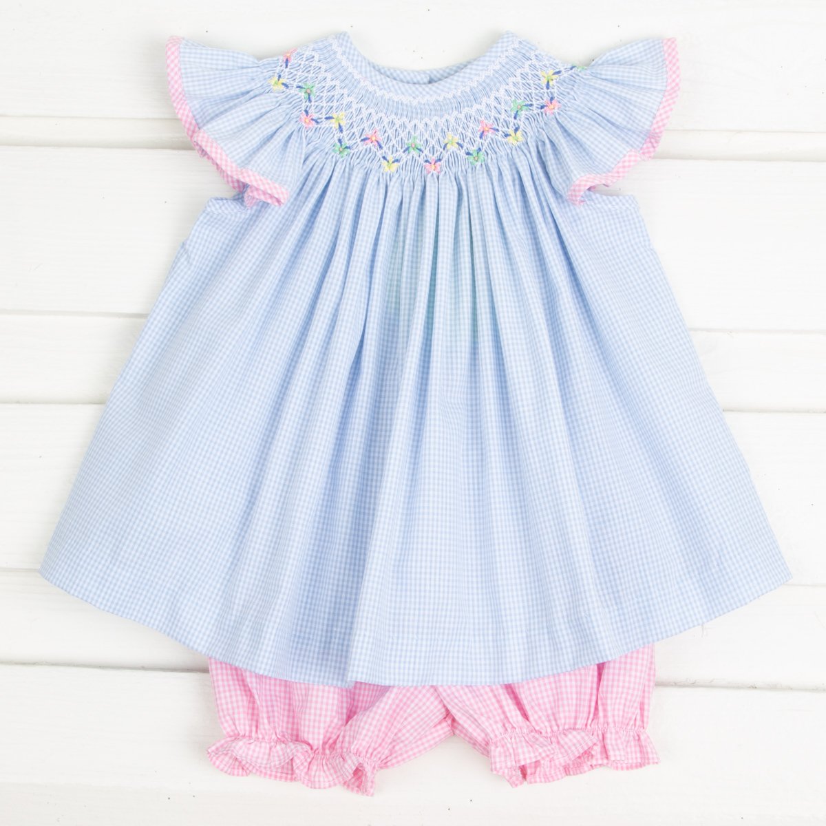 Peach Floral Smocked Bloomer Set Light Blue Gingham – Classic Whimsy
