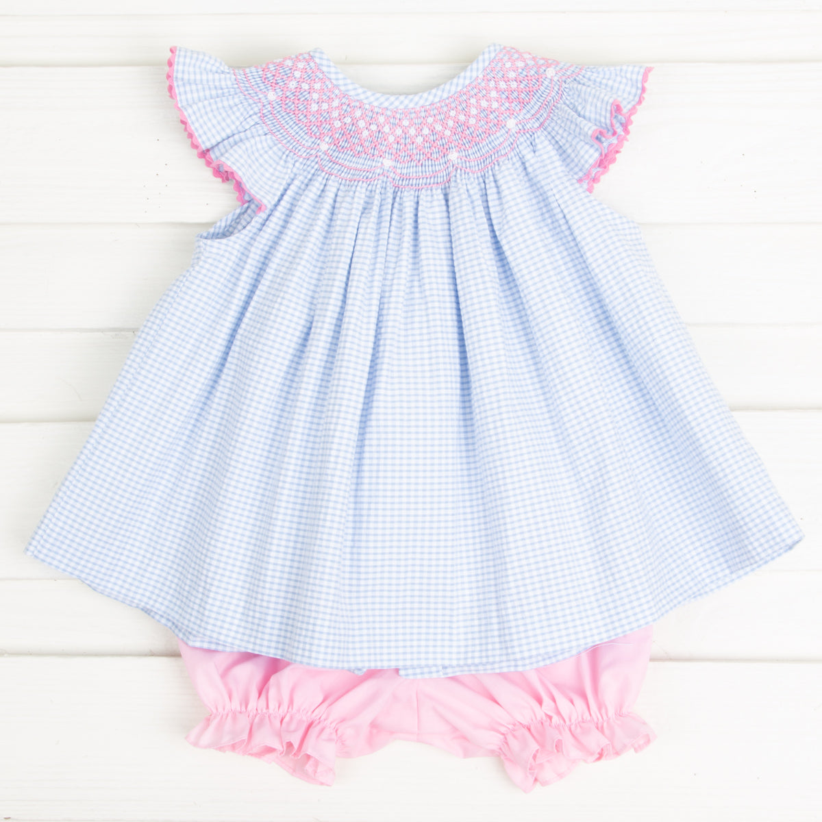 Pink Geometric Smocked Bloomer Set Light Blue Gingham Seersucker – Classic Whimsy