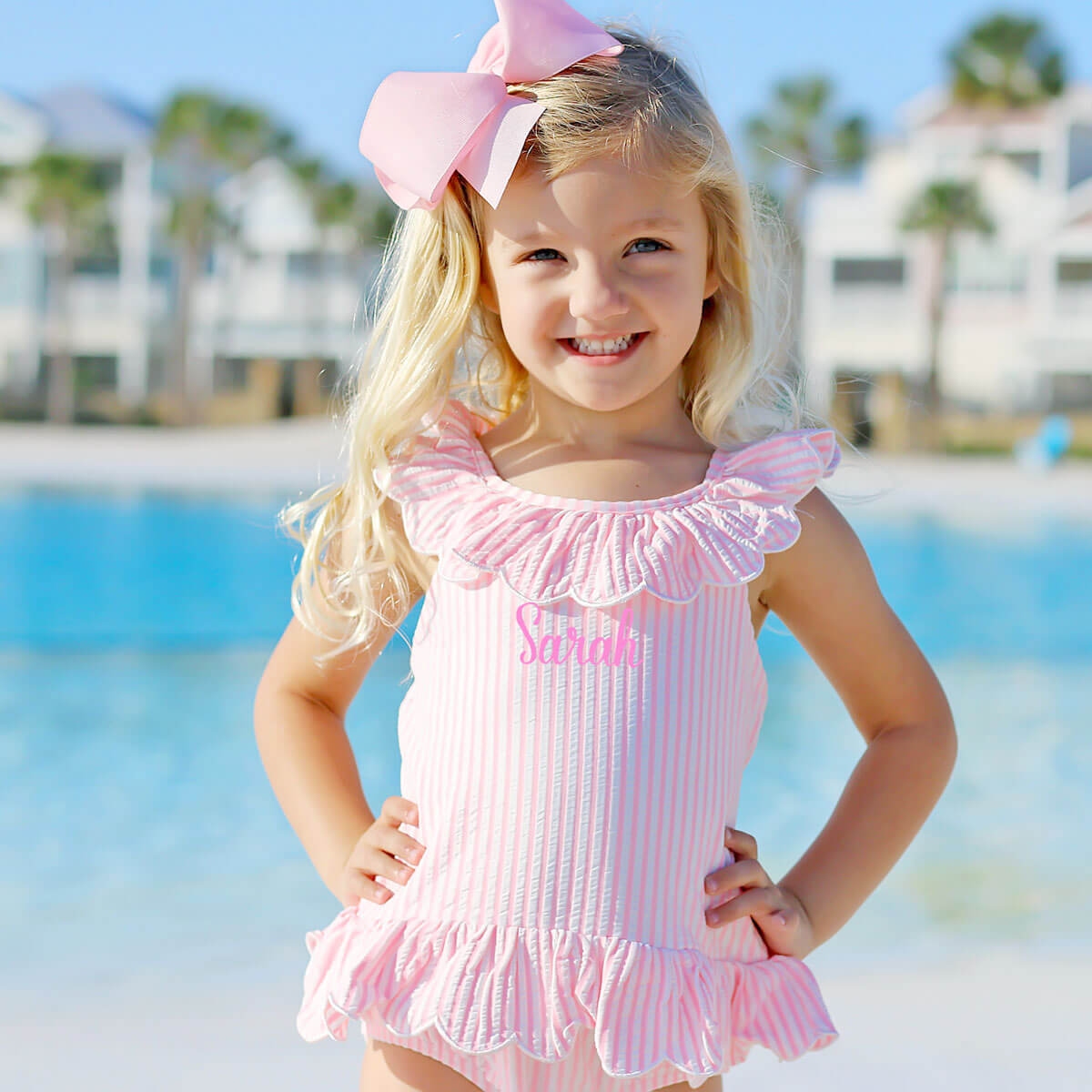 Pink Stripe Seersucker Girls Swimsuit Classic Whimsy