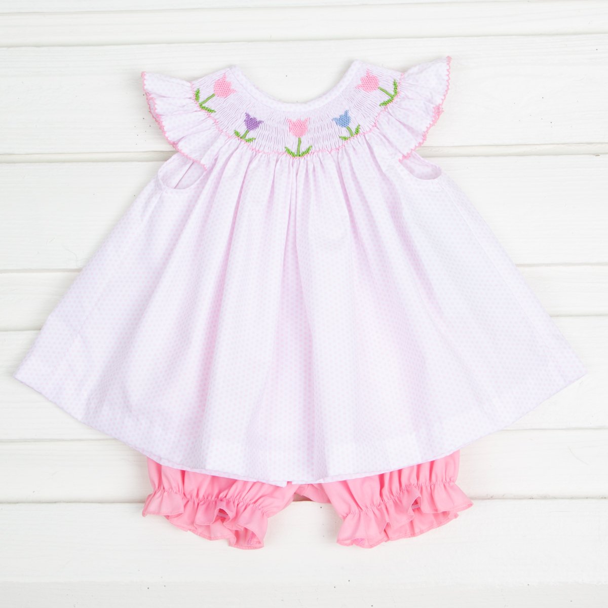 Tulip Smocked Bloomer Set Pink Dot – Classic Whimsy
