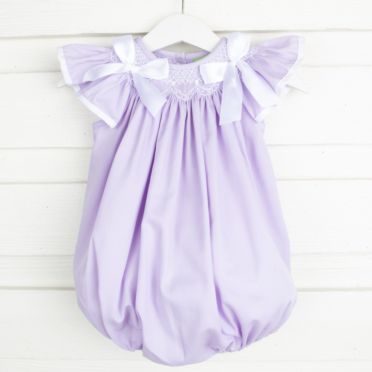 Geometric Smocked Ribbon Bow Bubble Lavender Pique – Classic Whimsy