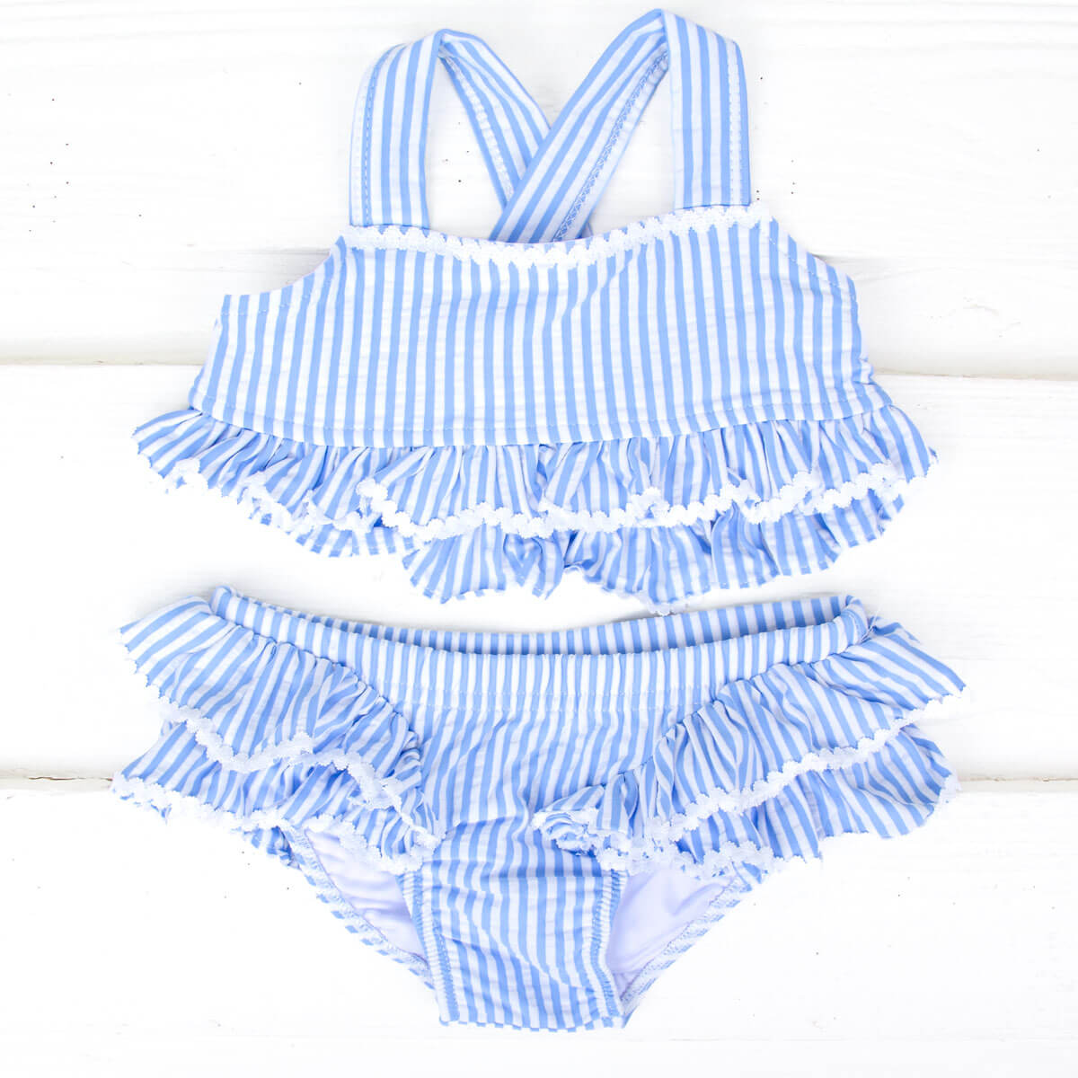 Blue Seersucker Eyelet Lace Two Piece Swimsuit Classic Whimsy