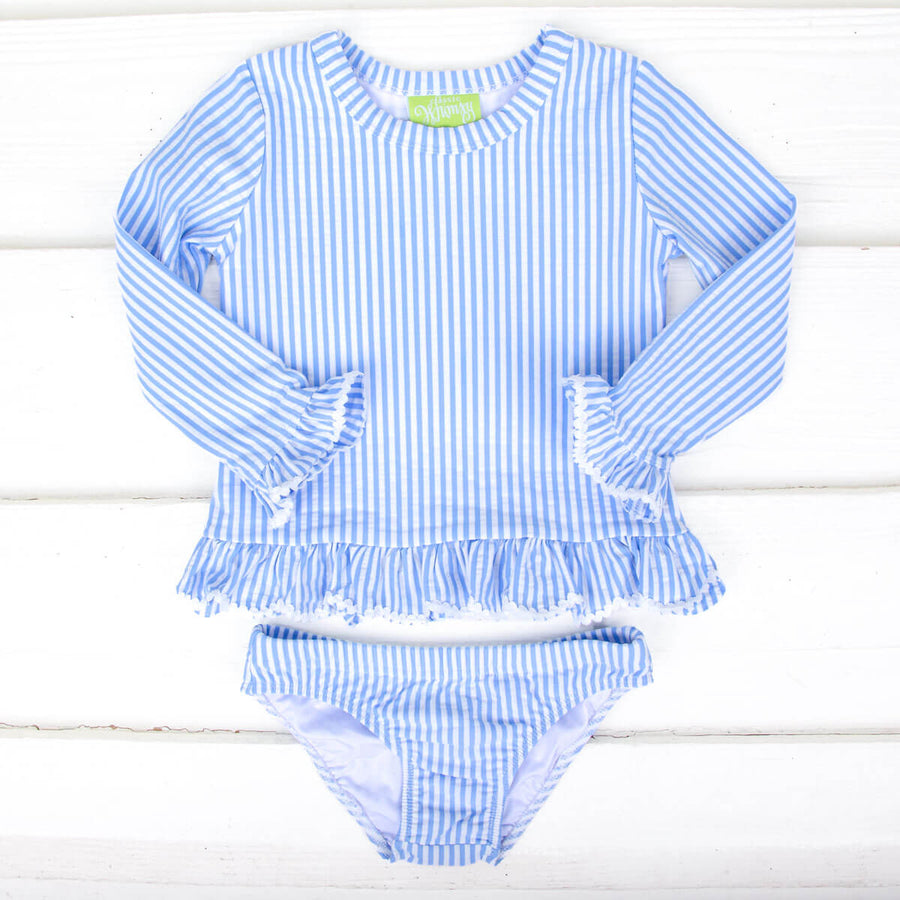 Blue Seersucker Stripe Eyelet Lace Rash Guard Set – Classic Whimsy