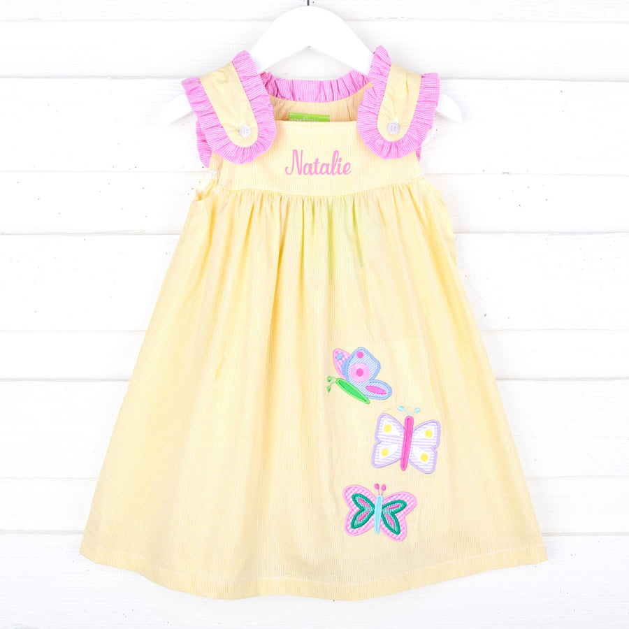 Butterfly Applique Yellow Gingham Dress – Classic Whimsy