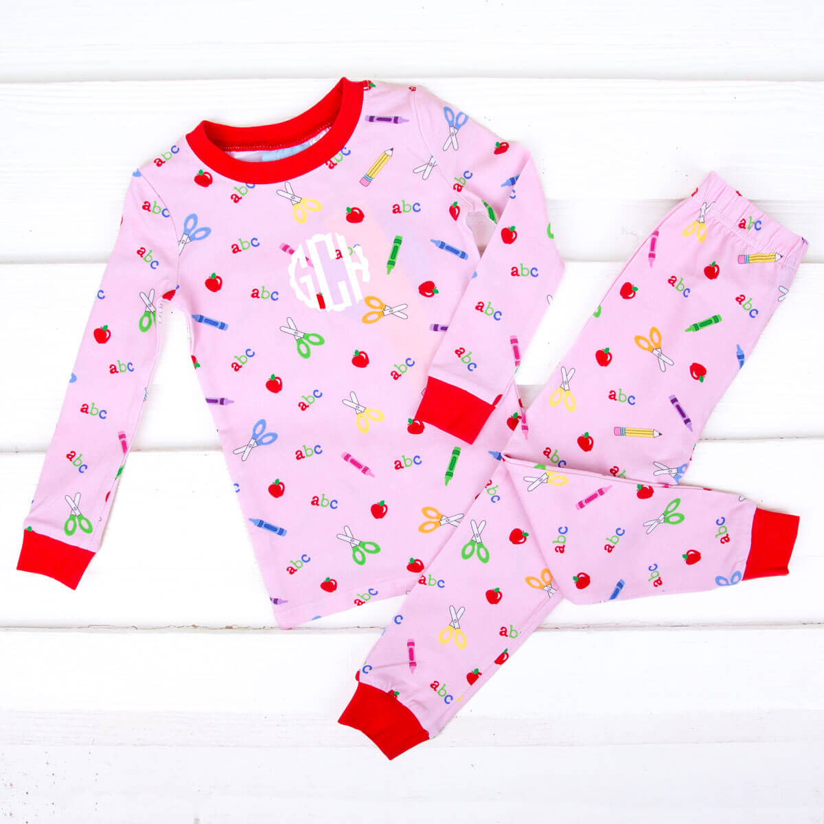 Apple Pencil ABC Crayon And Scissor Pink Print Pajamas – Classic Whimsy