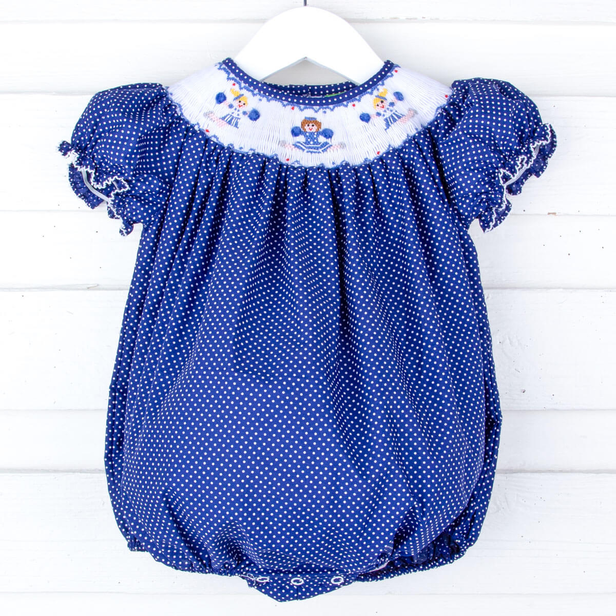 Cheerleader Smocked Royal Blue Polka Dot Bubble – Classic Whimsy