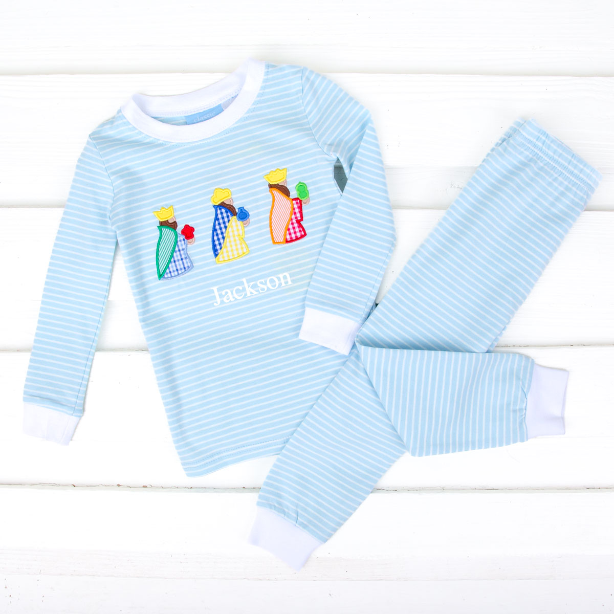 Three Kings Nativity Light Blue Stripe Pajamas – Classic Whimsy