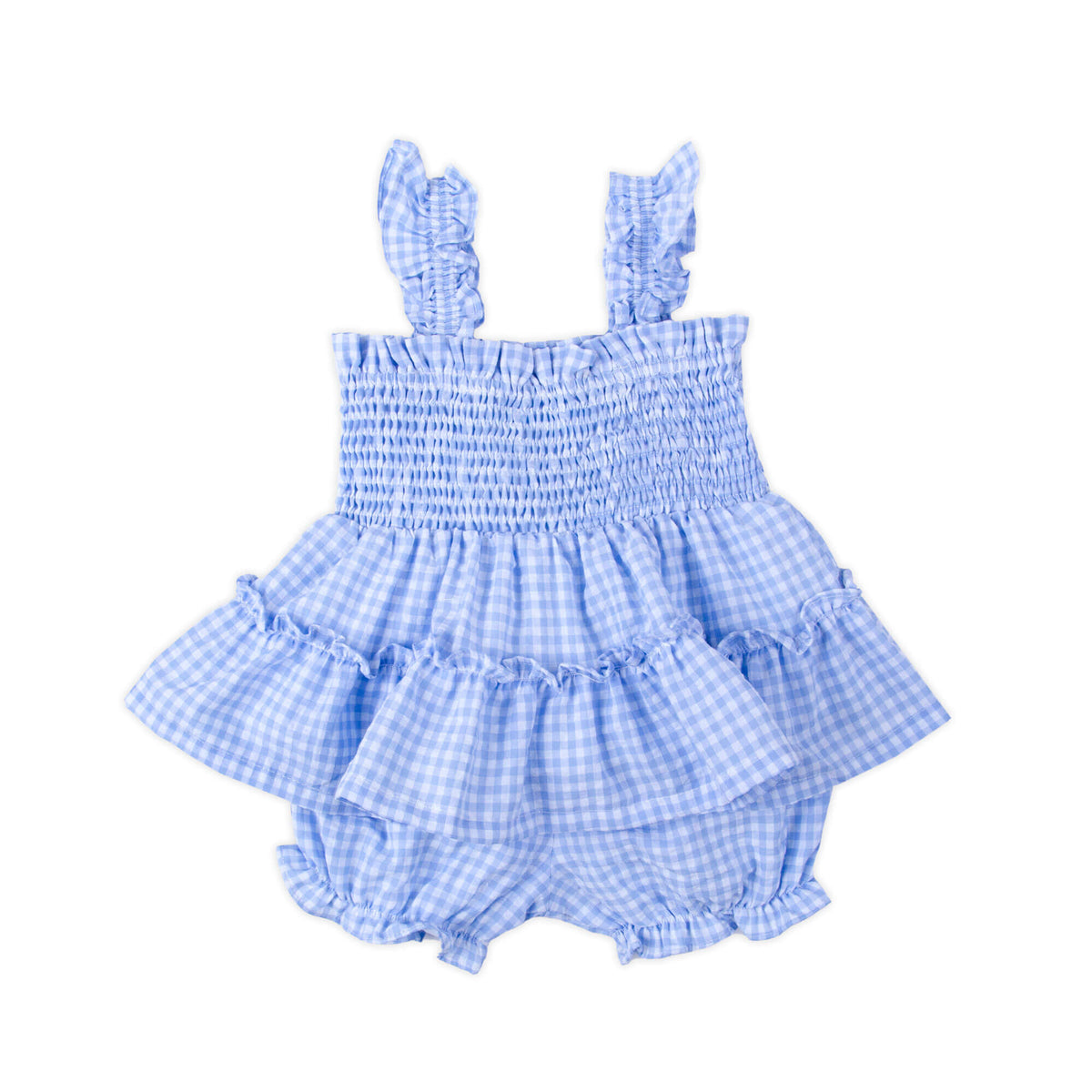 Light Blue Gingham Smocked Tiered Ruffle Bloomer Set – Classic Whimsy