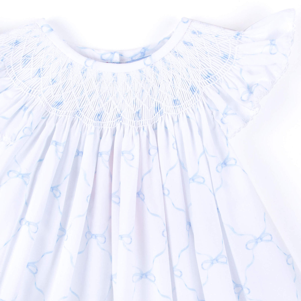 Little Blue Bow Print Geo Smocked Angel Sleeve Dress – Classic Whimsy