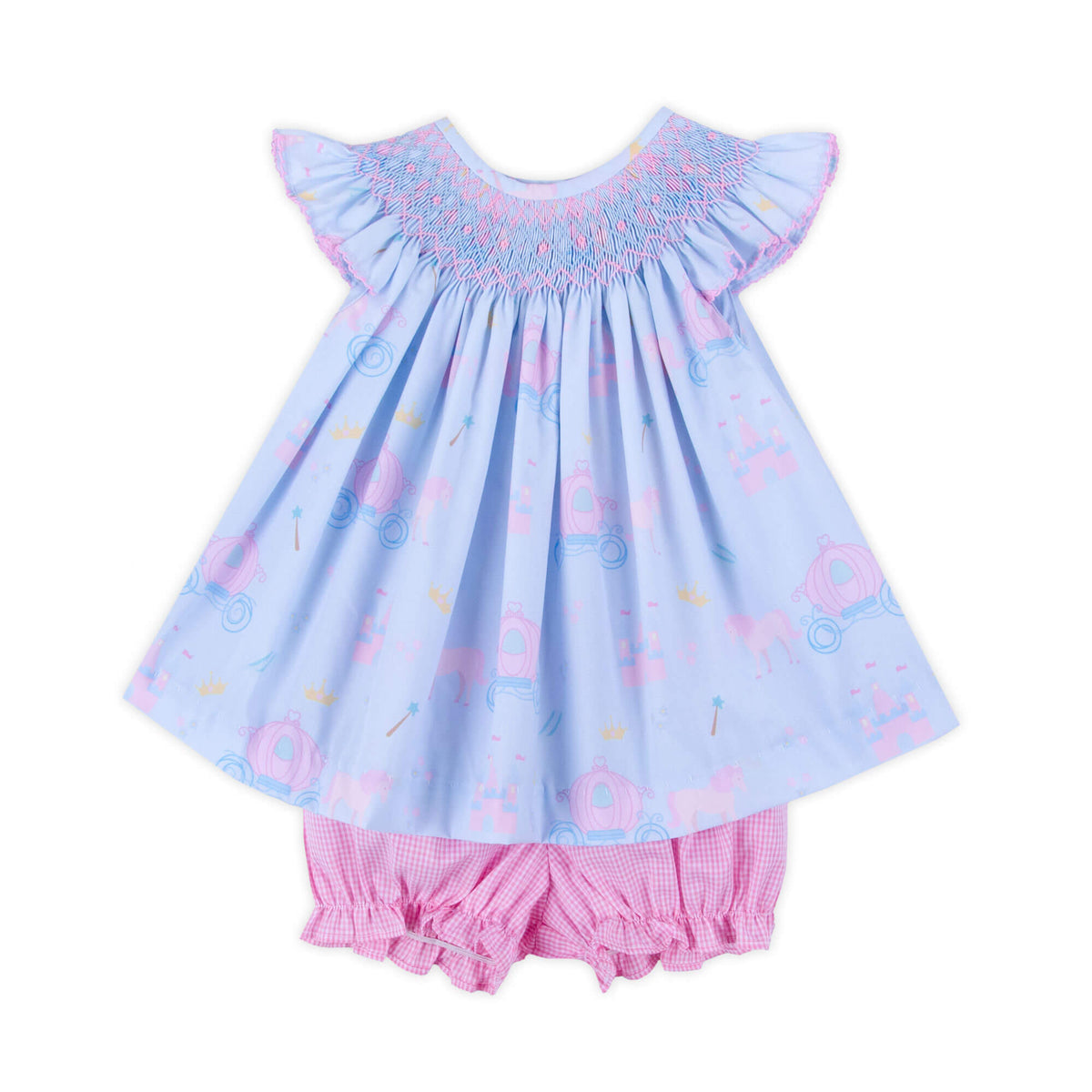 Princess Pink Print Geo Smocked Angel Sleeve Bloomer Set – Classic Whimsy