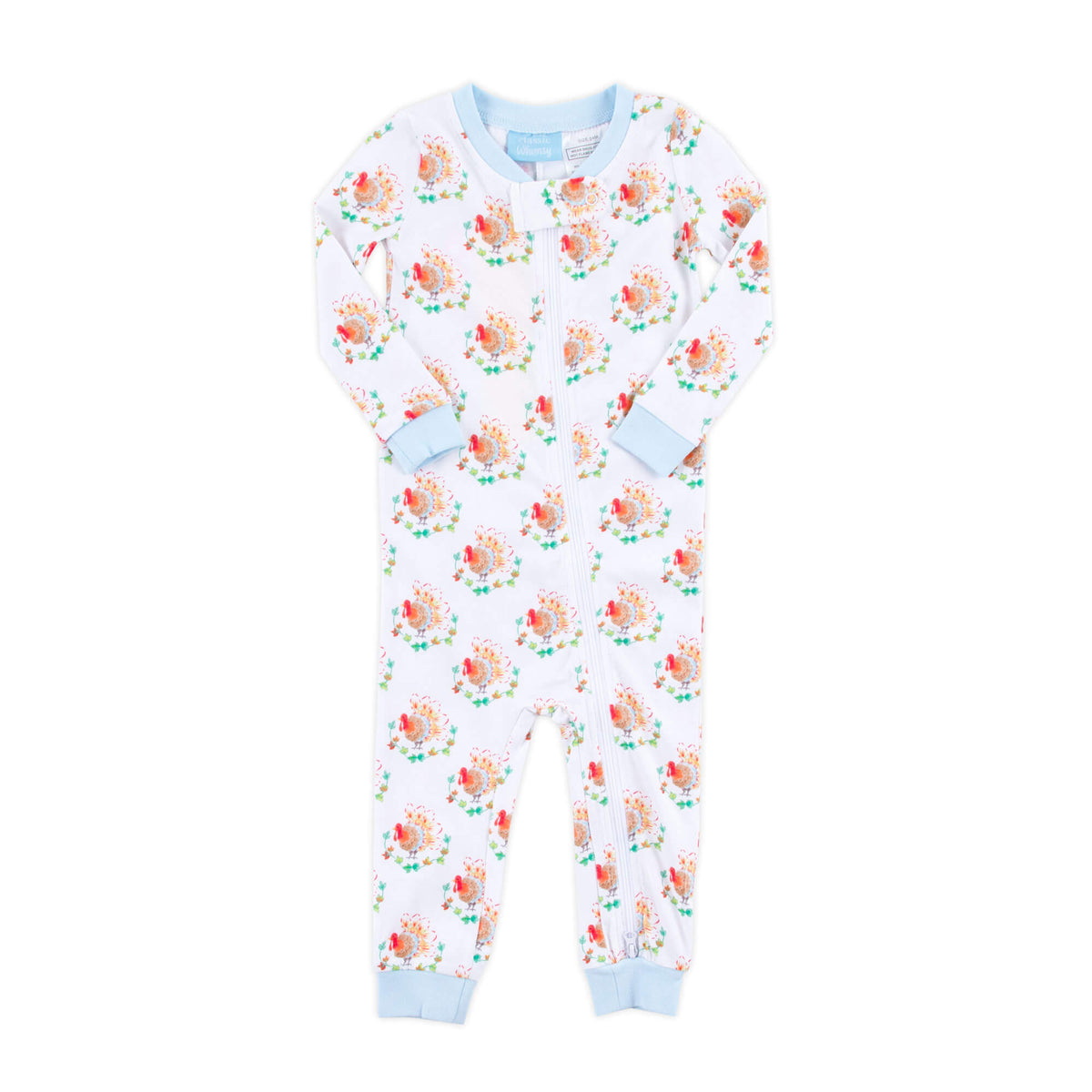 Feathery Turkey Print Blue Rib Zip Sleeper – Classic Whimsy
