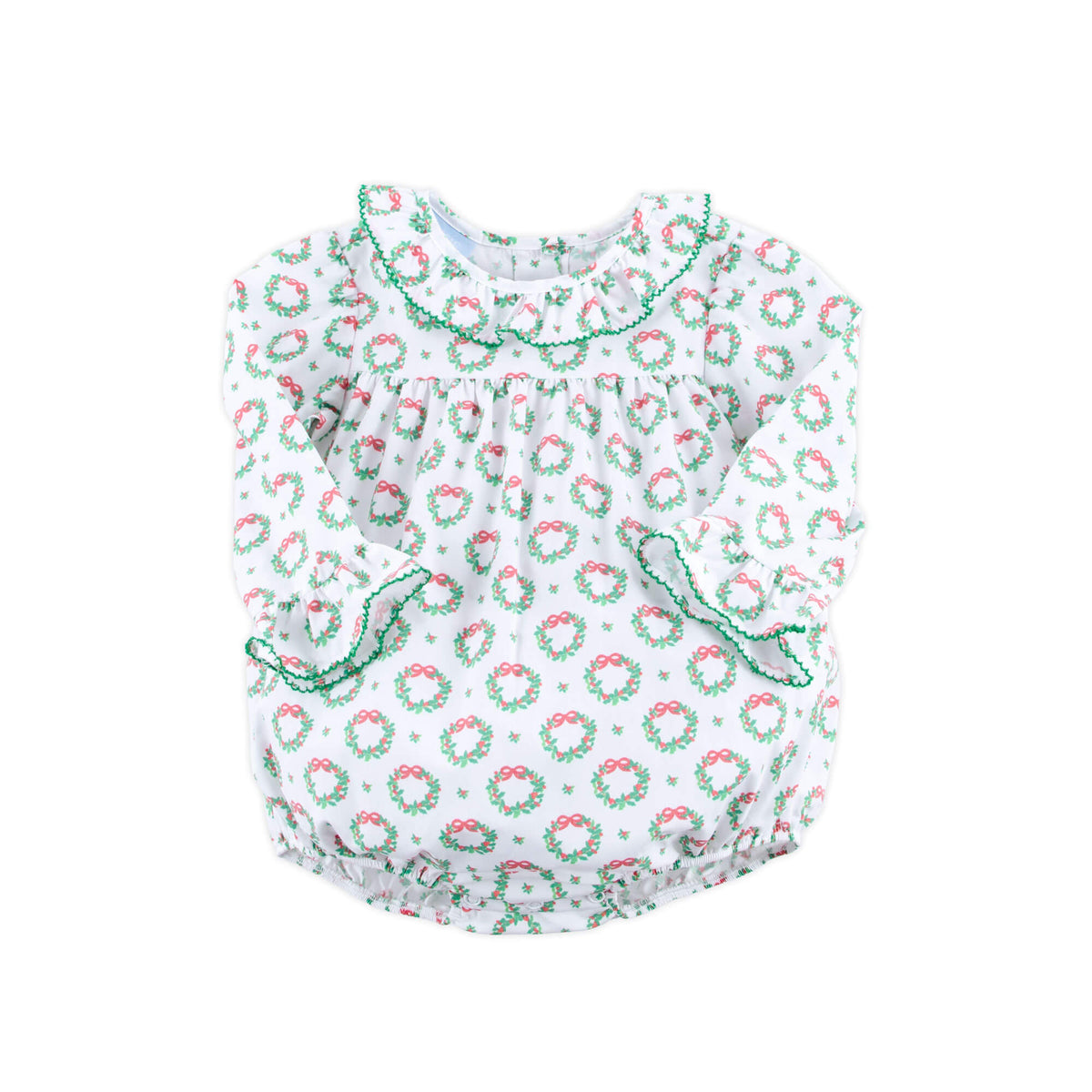Holiday Wreath White Print Ruffle Collared Bubble – Classic Whimsy