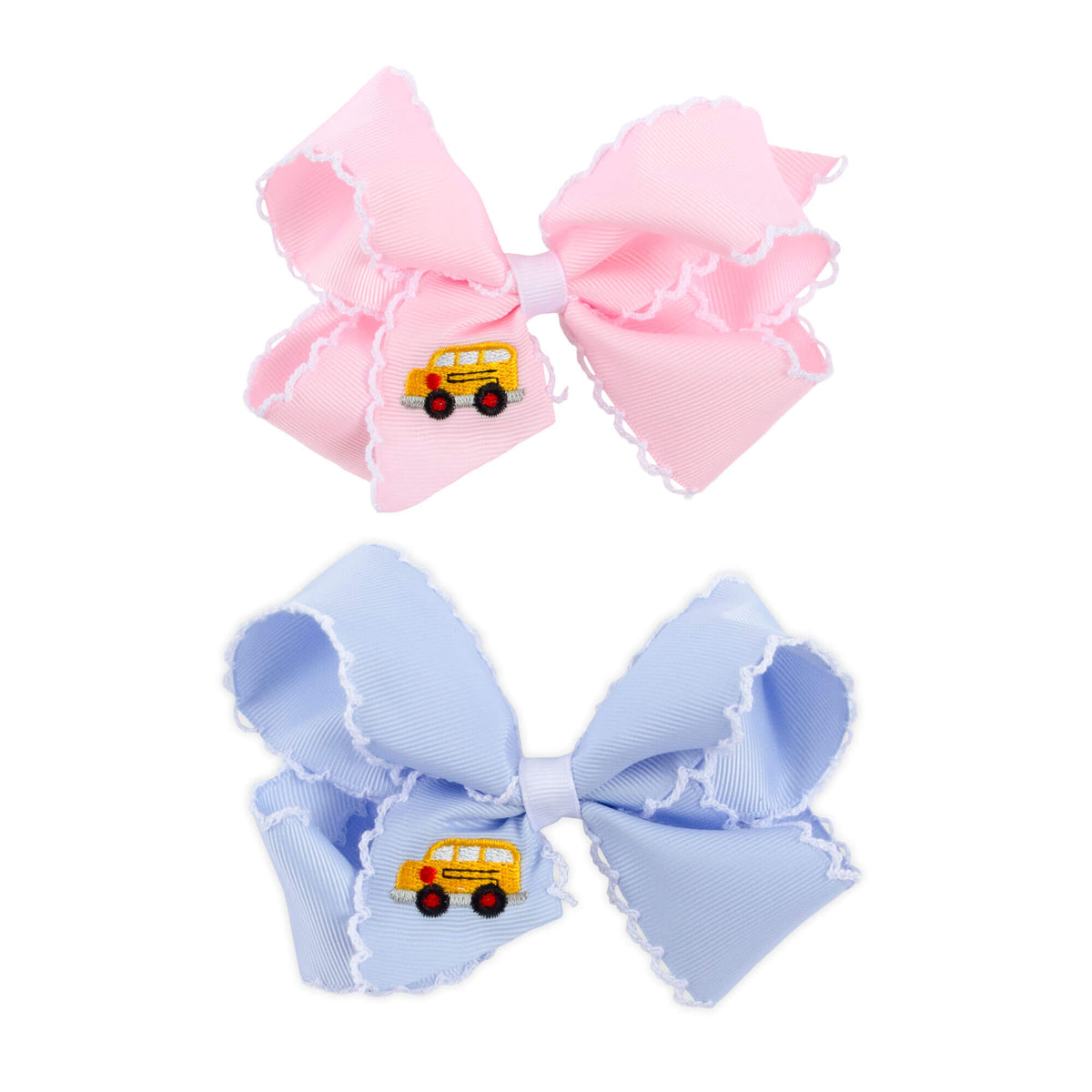 Pink And Blue Bus Embroidered Moonstitch Hair Bow – Classic Whimsy