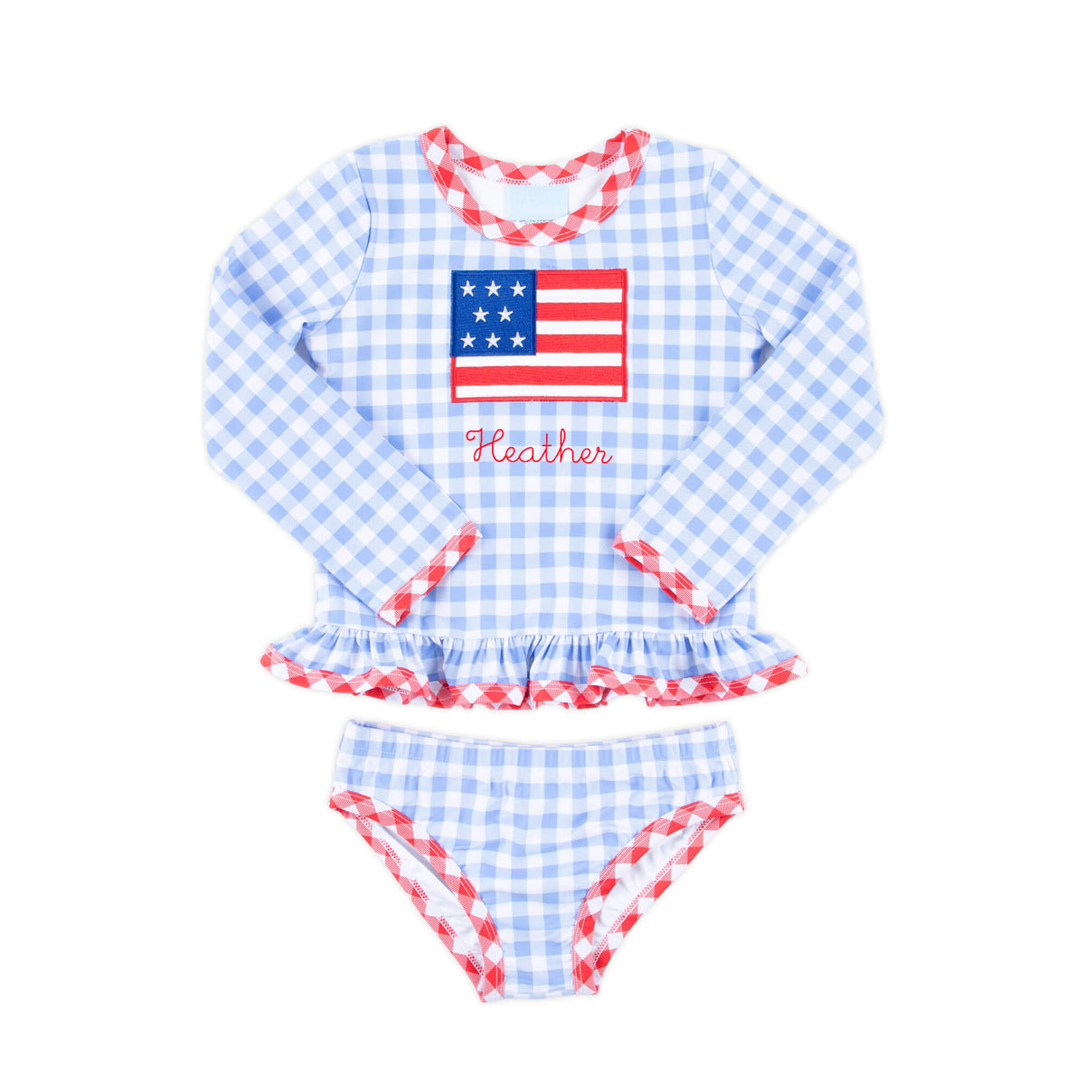 American Flag Applique Blue Gingham Rash Guard Set – Classic Whimsy