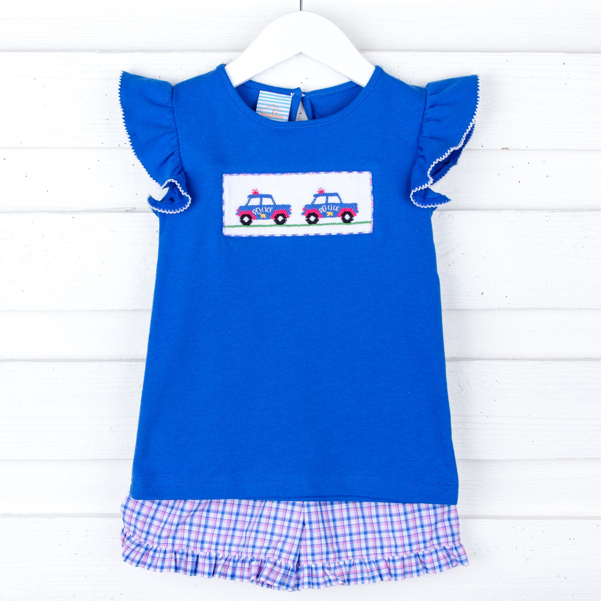 Police Royal Pink And Blue Plaid Smocked Angel Sleeve Short Set ...