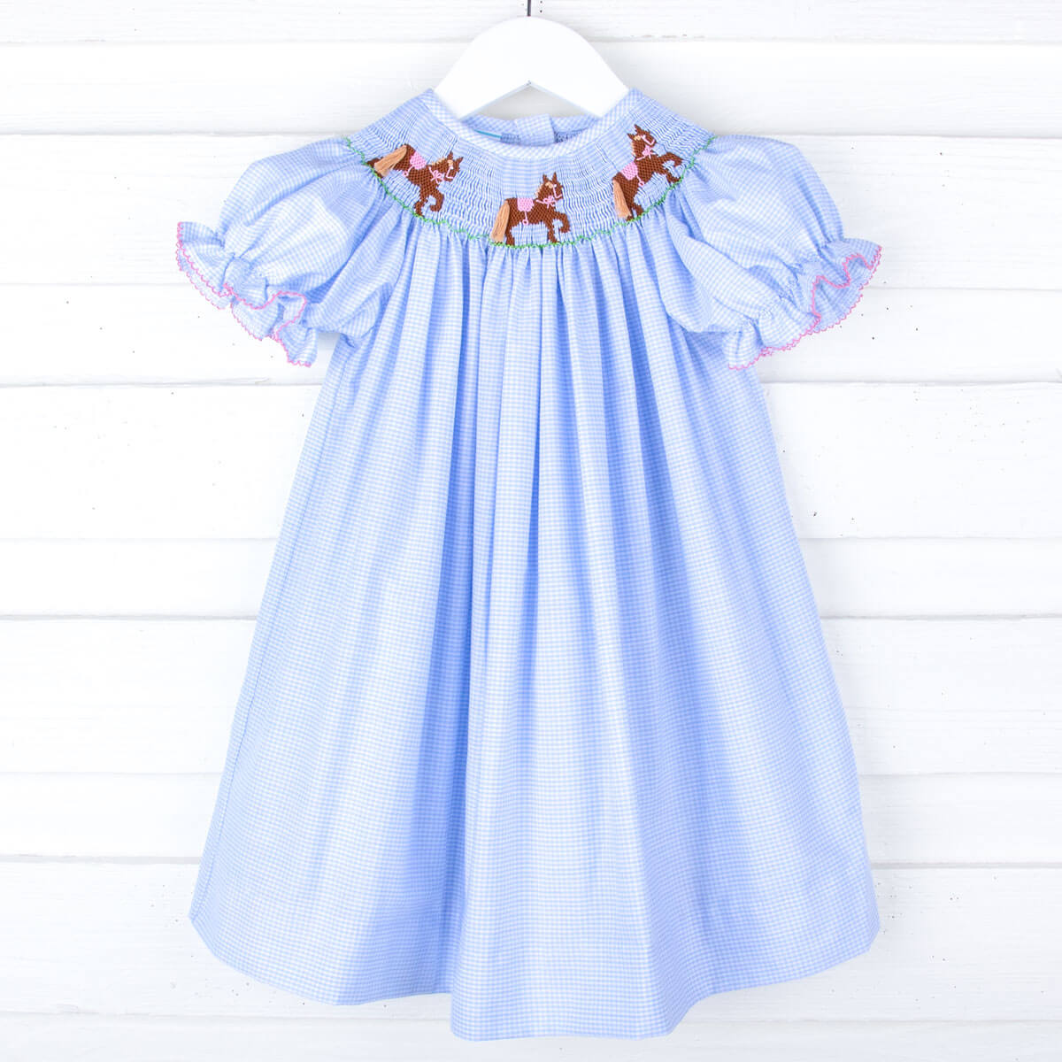 Horse Smocked Light Blue Gingham Bishop Dress – Classic Whimsy