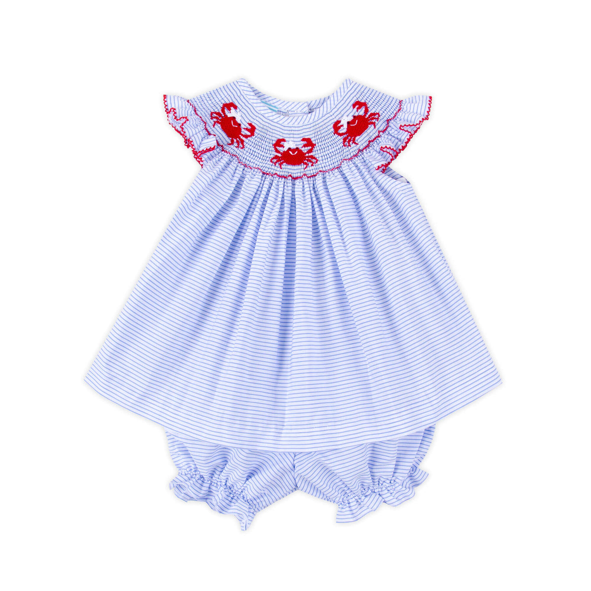 Crab Smocked Blue Stripe Angel Sleeve Bloomer Set – Classic Whimsy