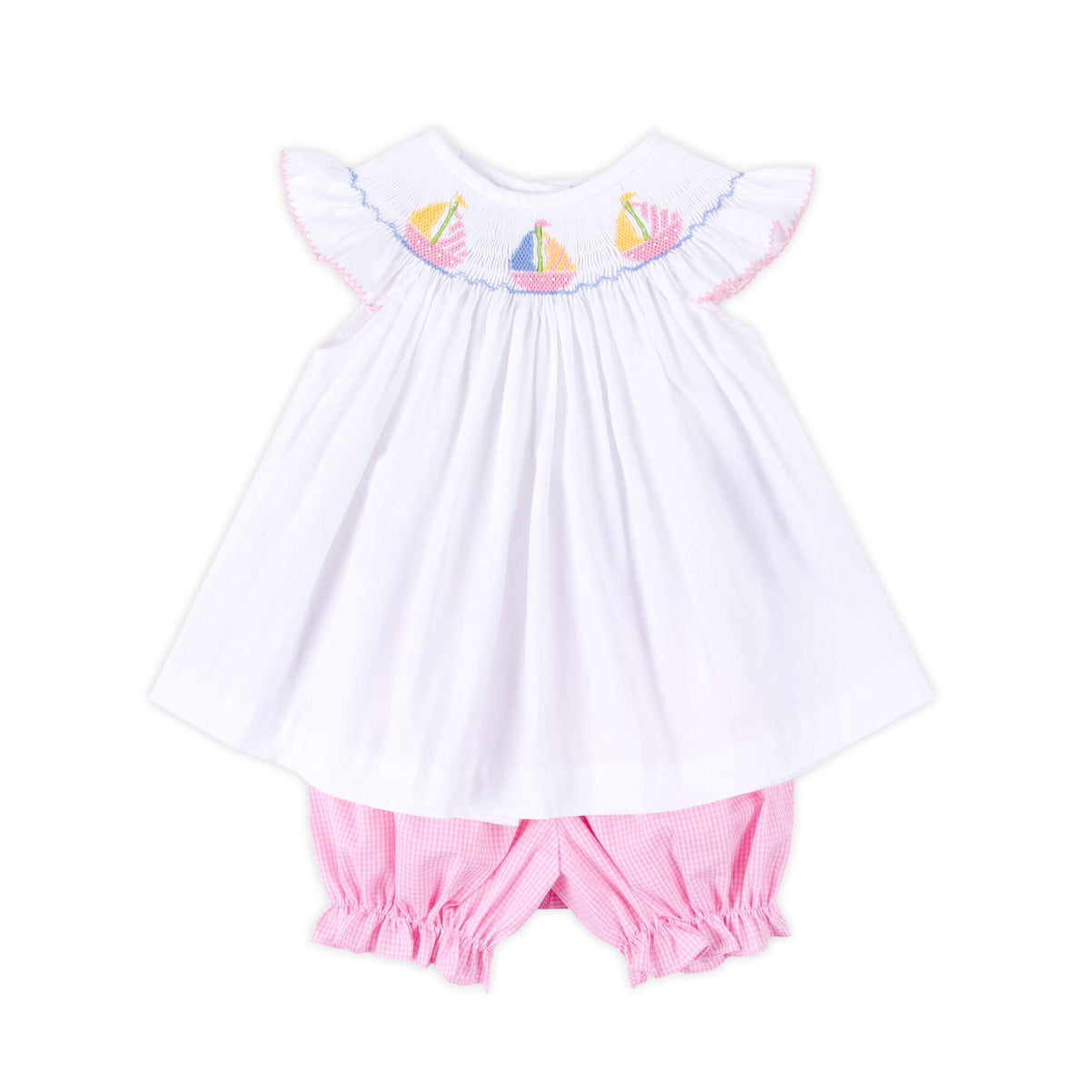 Sailboat Smocked White Angel Sleeve Bloomer Set – Classic Whimsy