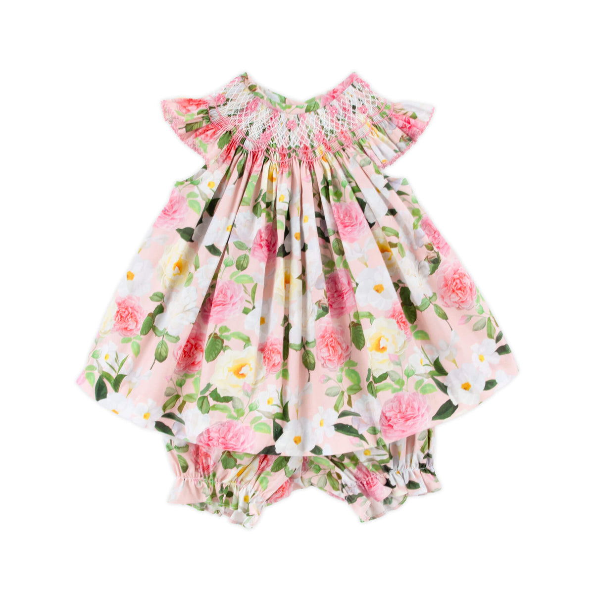 Pink & White Rose Floral smocked Angel Sleeve Bloomer Set – Classic Whimsy