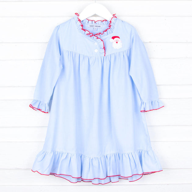 Santa Embroidered Long Sleeve Blue Nightgown – Classic Whimsy