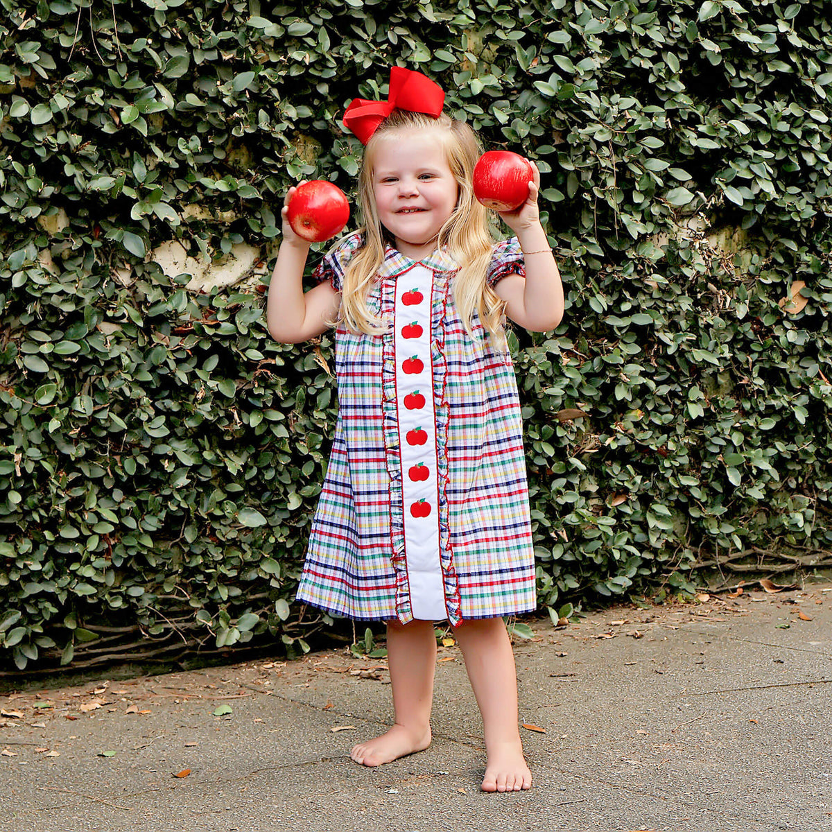 Apple Trio Primary Plaid Embroidered Camila Dress – Classic Whimsy