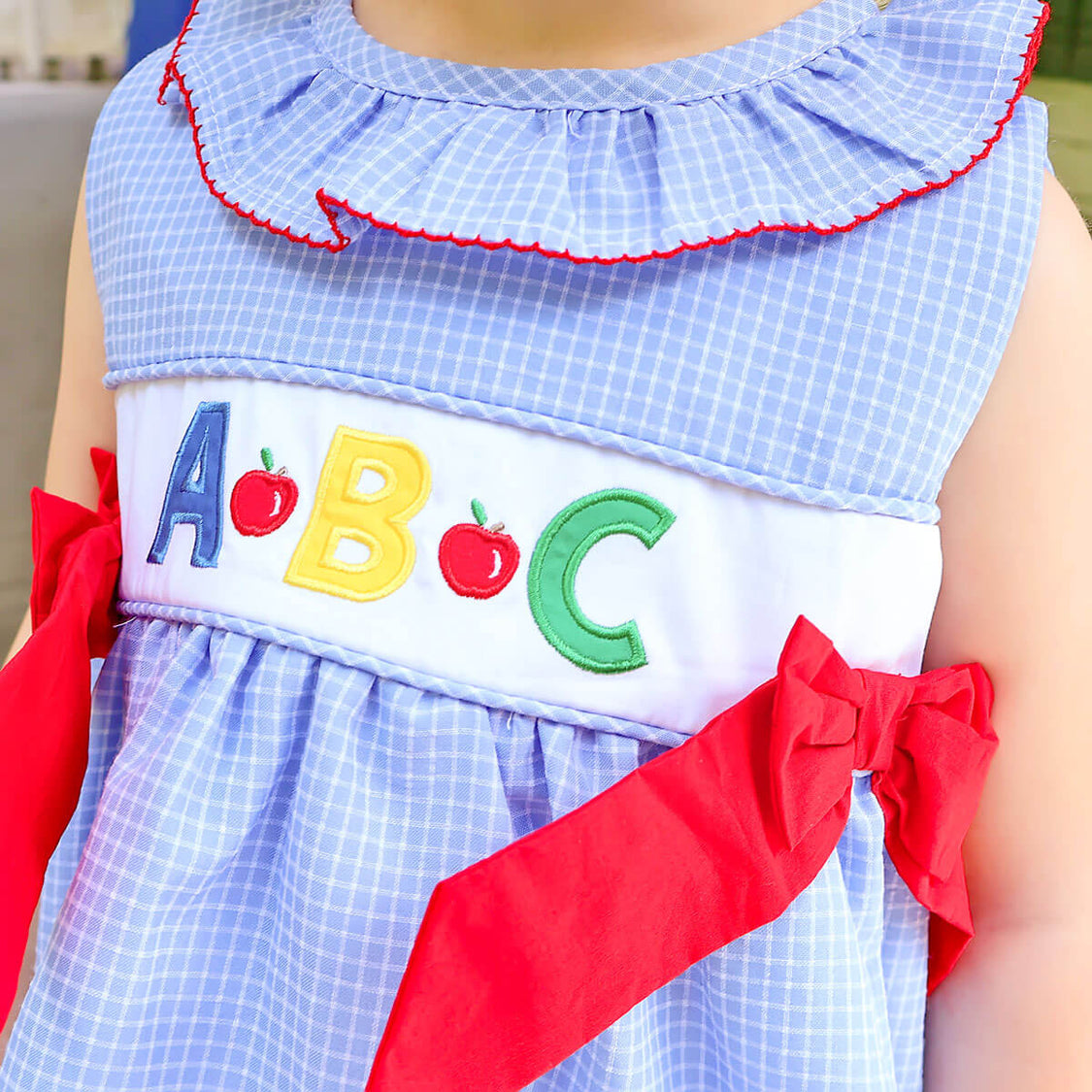 ABC Applique Blue Windowpane Side Tie Dress – Classic Whimsy
