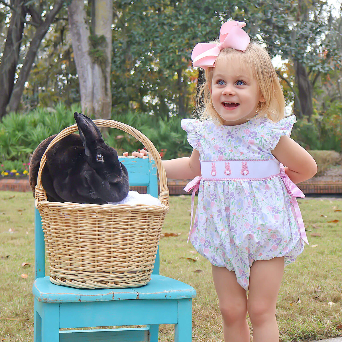 Pink Bunny Florals Smocked Side Tie Bubble – Classic Whimsy