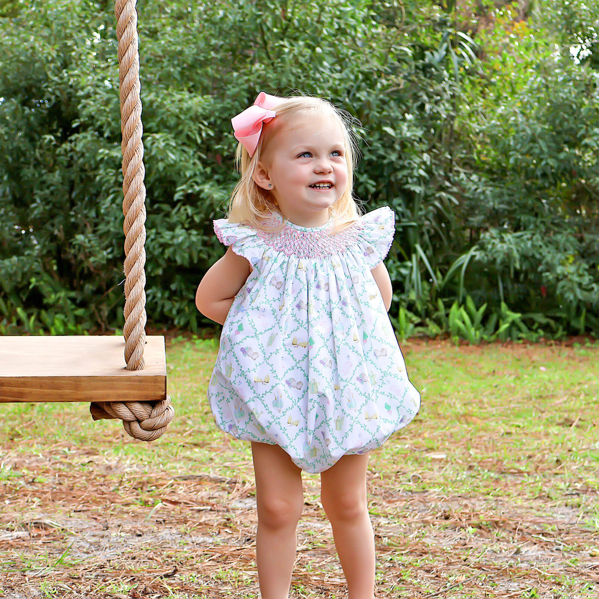 Storybook Rabbit Geo Smocked Angel Sleeve Bubble – Classic Whimsy