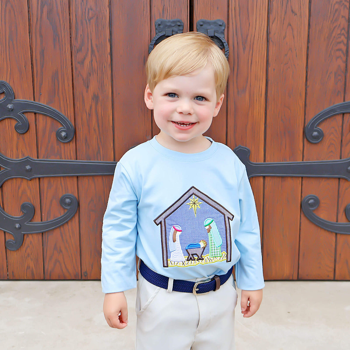 Nativity Applique Light Blue Long Sleeve Shirt – Classic Whimsy