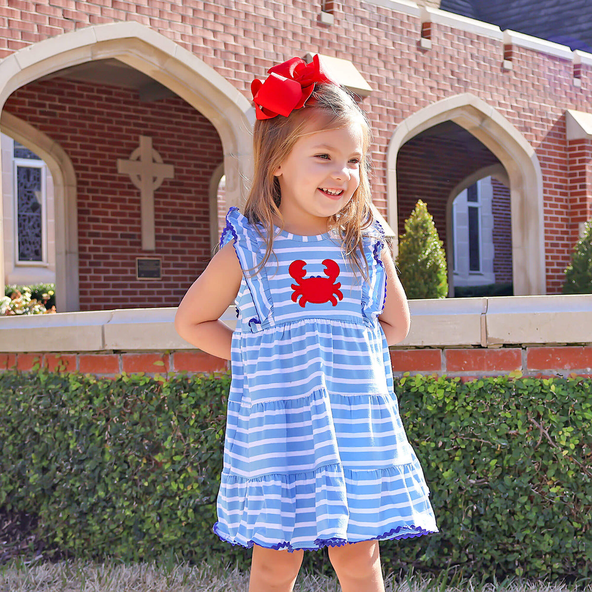 Crab Applique Blue Stripe Kaylee Dress – Classic Whimsy