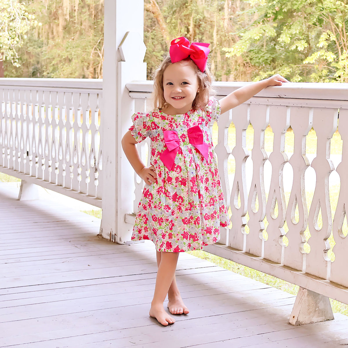 Pink Floral Center Front Bow Dress – Classic Whimsy