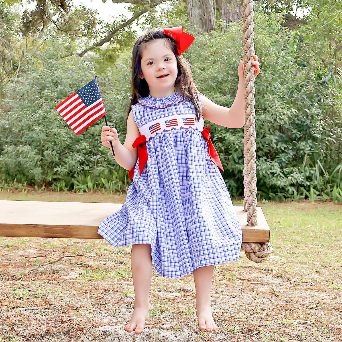 Flag Smocked Blue Plaid Side Tie Dress – Classic Whimsy