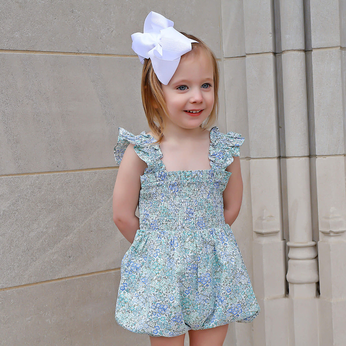 Enchanted Blue Floral Smocked Bubble – Classic Whimsy