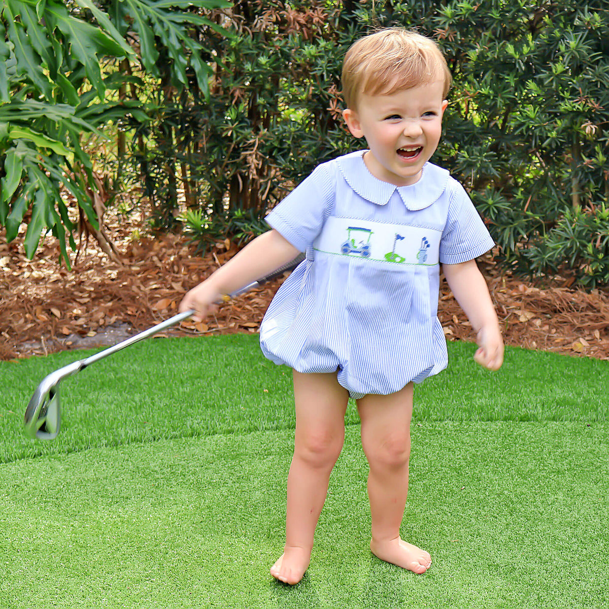Golf Course Blue Stripe Smocked Collared Bubble – Classic Whimsy