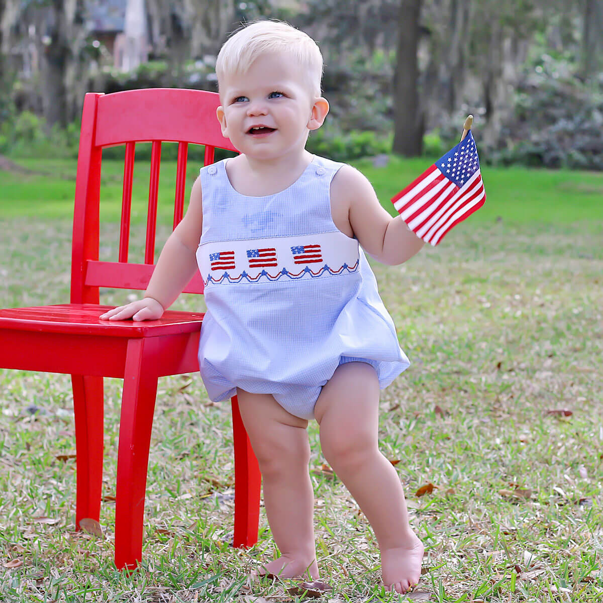 Light Blue Gingham Flag Smocked Sun Bubble – Classic Whimsy