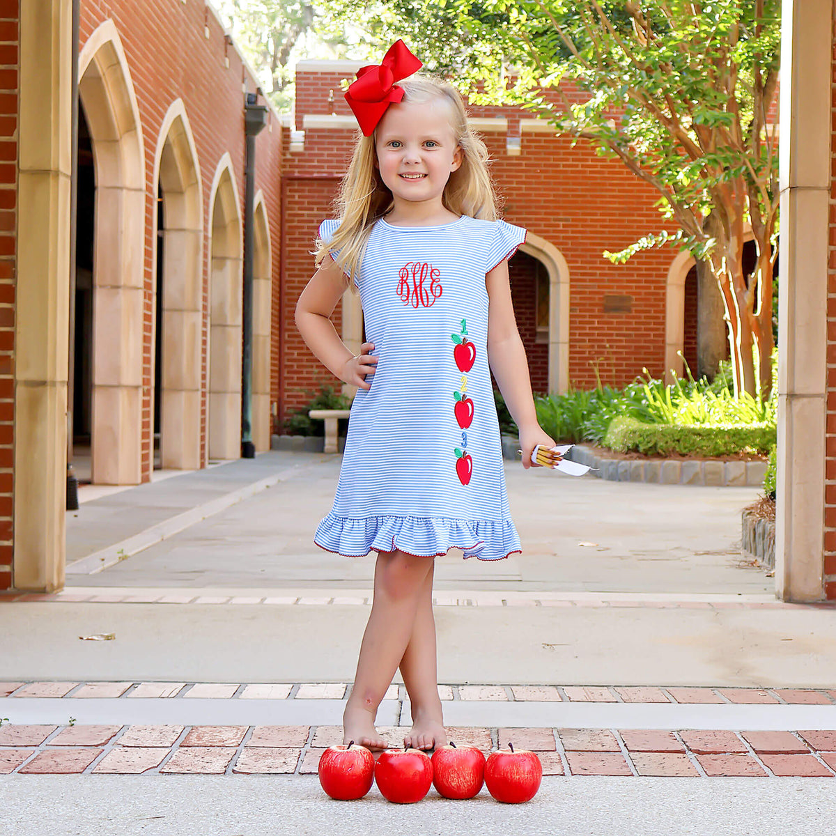 Apple Applique Blue Stripe Ruffle Dress – Classic Whimsy