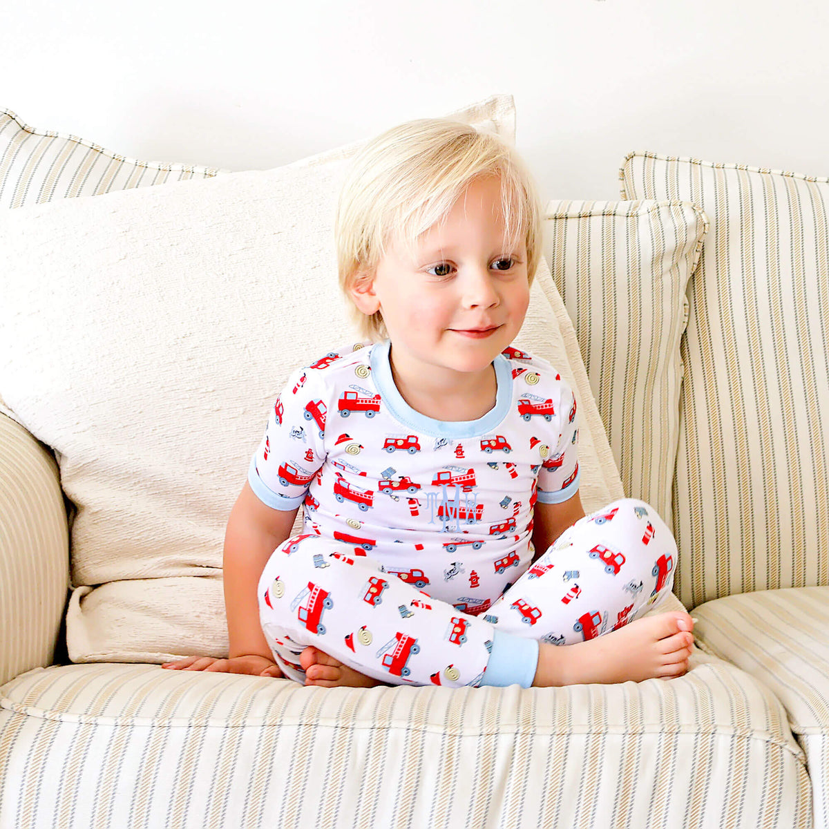 Firetruck Knit Print Light Blue Rib Pajamas – Classic Whimsy