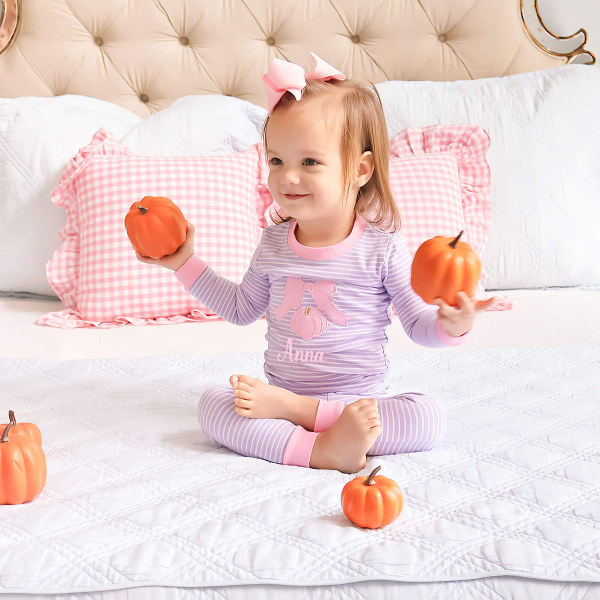 Pumpkin Bow Applique Lavender Stripe Pajamas – Classic Whimsy