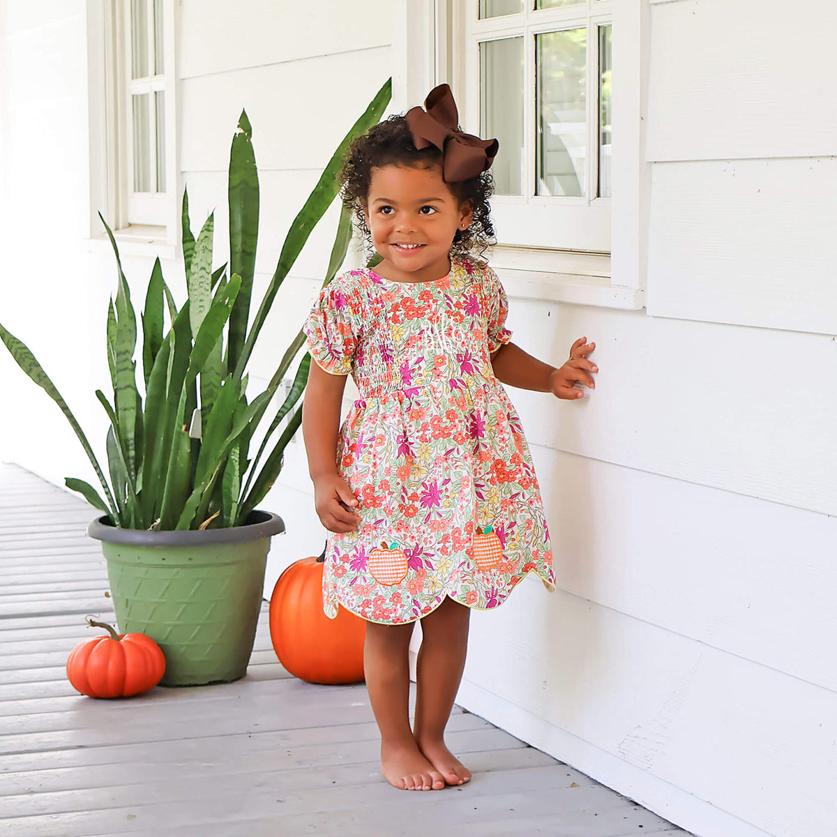 Pumpkin Applique Pink Floral Smocked Scalloped Dress – Classic Whimsy