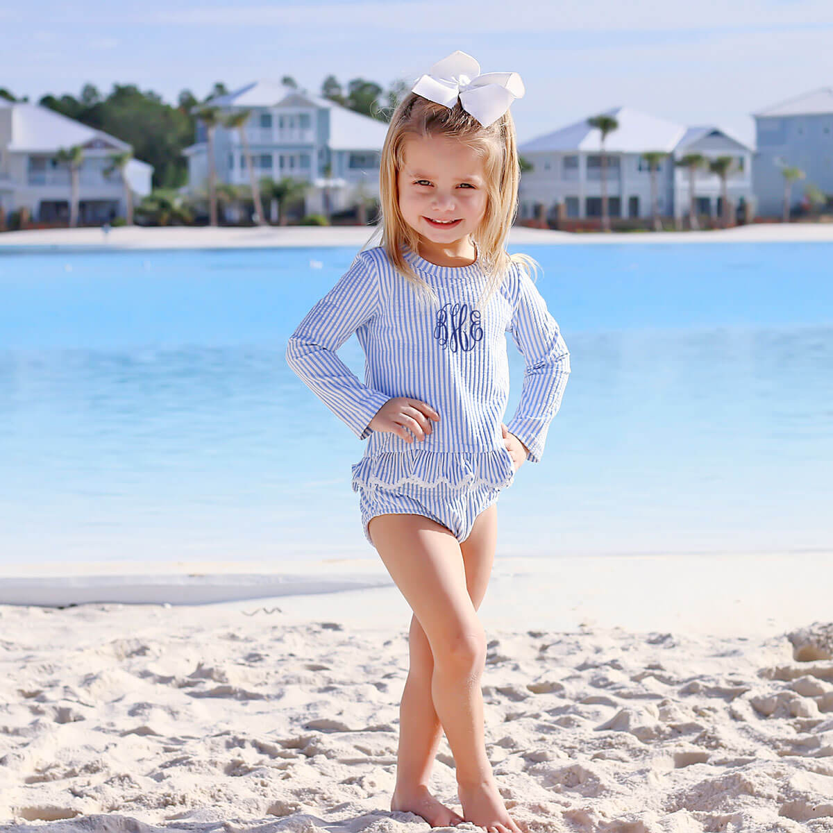 Blue Seersucker Stripe Eyelet Lace Rash Guard Set – Classic Whimsy