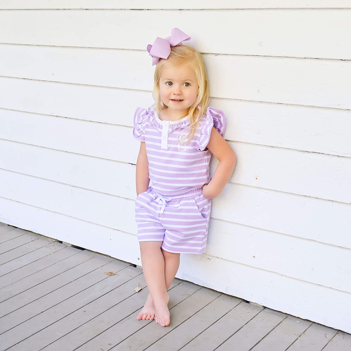 Lavender Stripe Ruffle Collared Short Set – Classic Whimsy