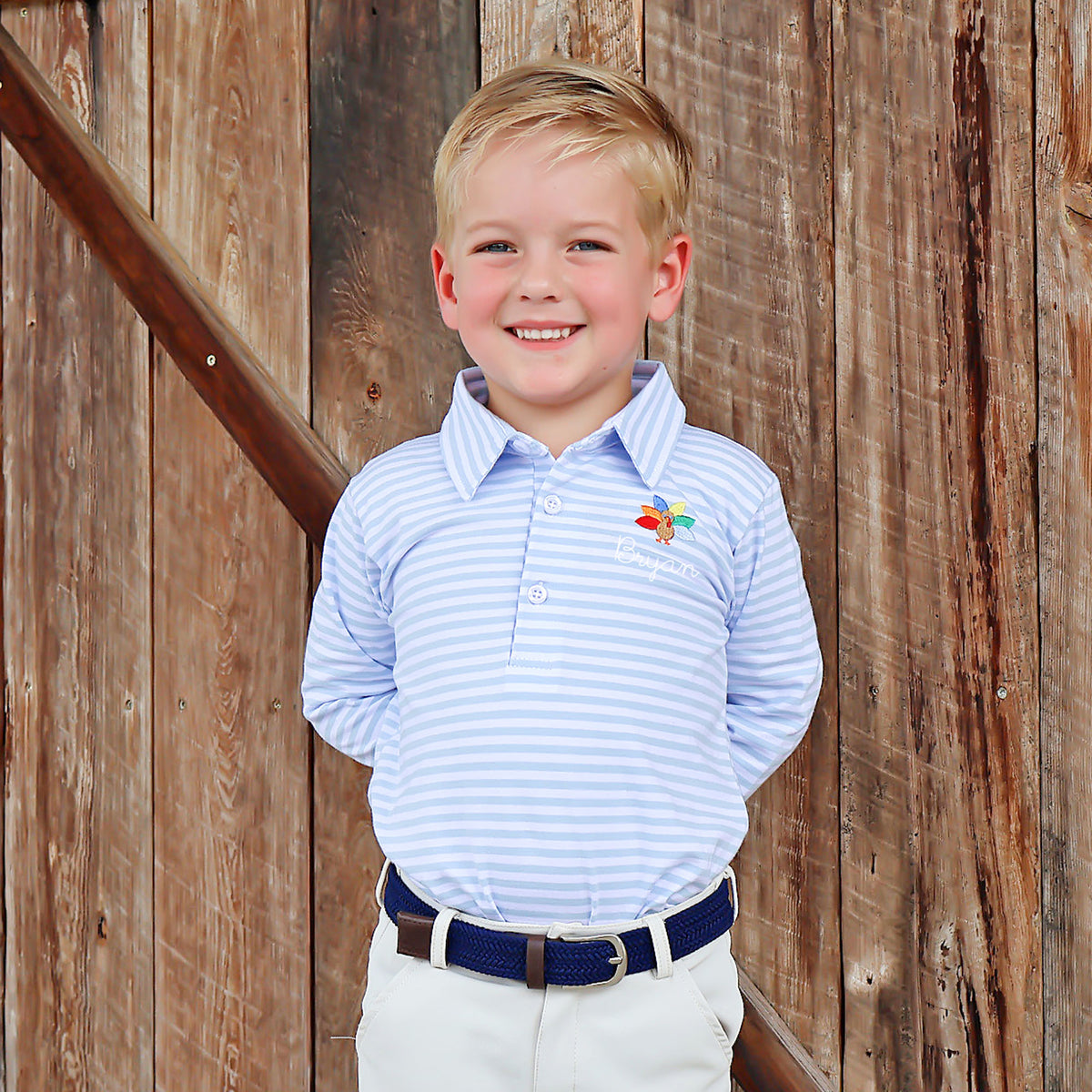 Turkey Embroidered French Blue Stripe Polo – Classic Whimsy