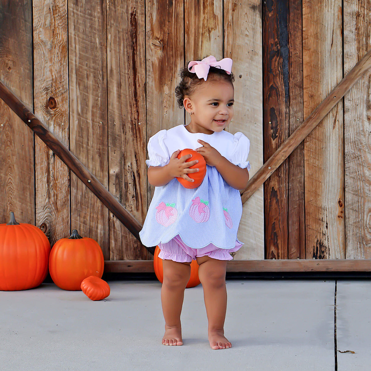 Pumpkin Bow Applique Light Blue Gingham Scalloped Bloomer Set – Classic ...