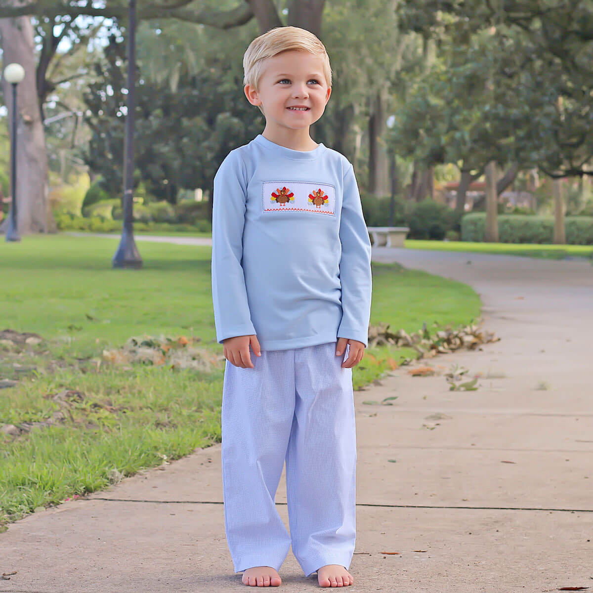 Turkey Smocked Light Blue Gingham Pant Set – Classic Whimsy