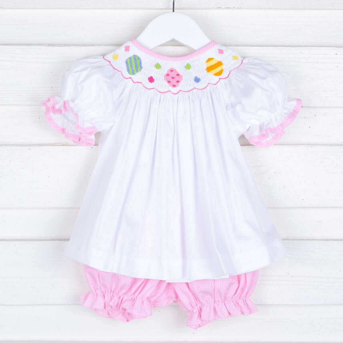 Easter Eggs Smocked Bloomer Set White Pique – Classic Whimsy