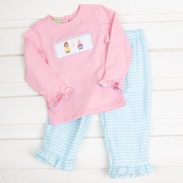 Princess Friends Smocked Pant Set Aqua Check – Classic Whimsy