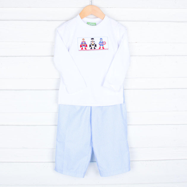 Superhero Smocked Light Blue Pant Set – Classic Whimsy