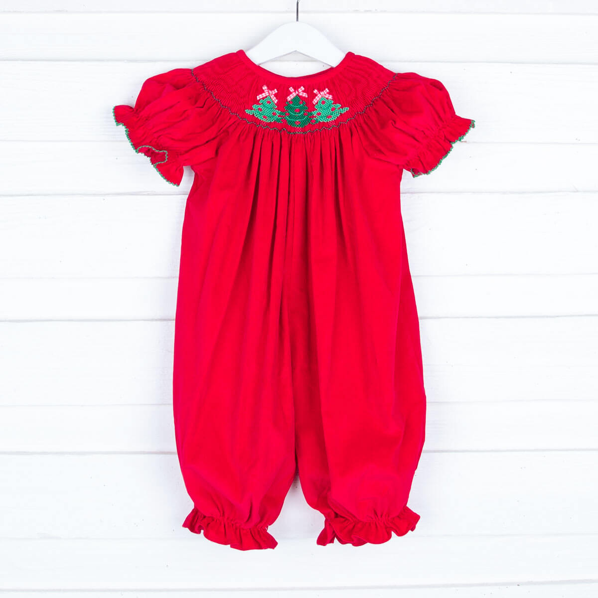 Christmas Tree Smocked Red Corduroy Long Bubble – Classic Whimsy